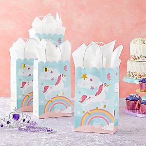 BLUE PANDA 24 Pack Small Unicorn Favor Bags with Handles, Pastel Rainbow Birthday Party Decorations (5.5 x 8.6 x 3 In)