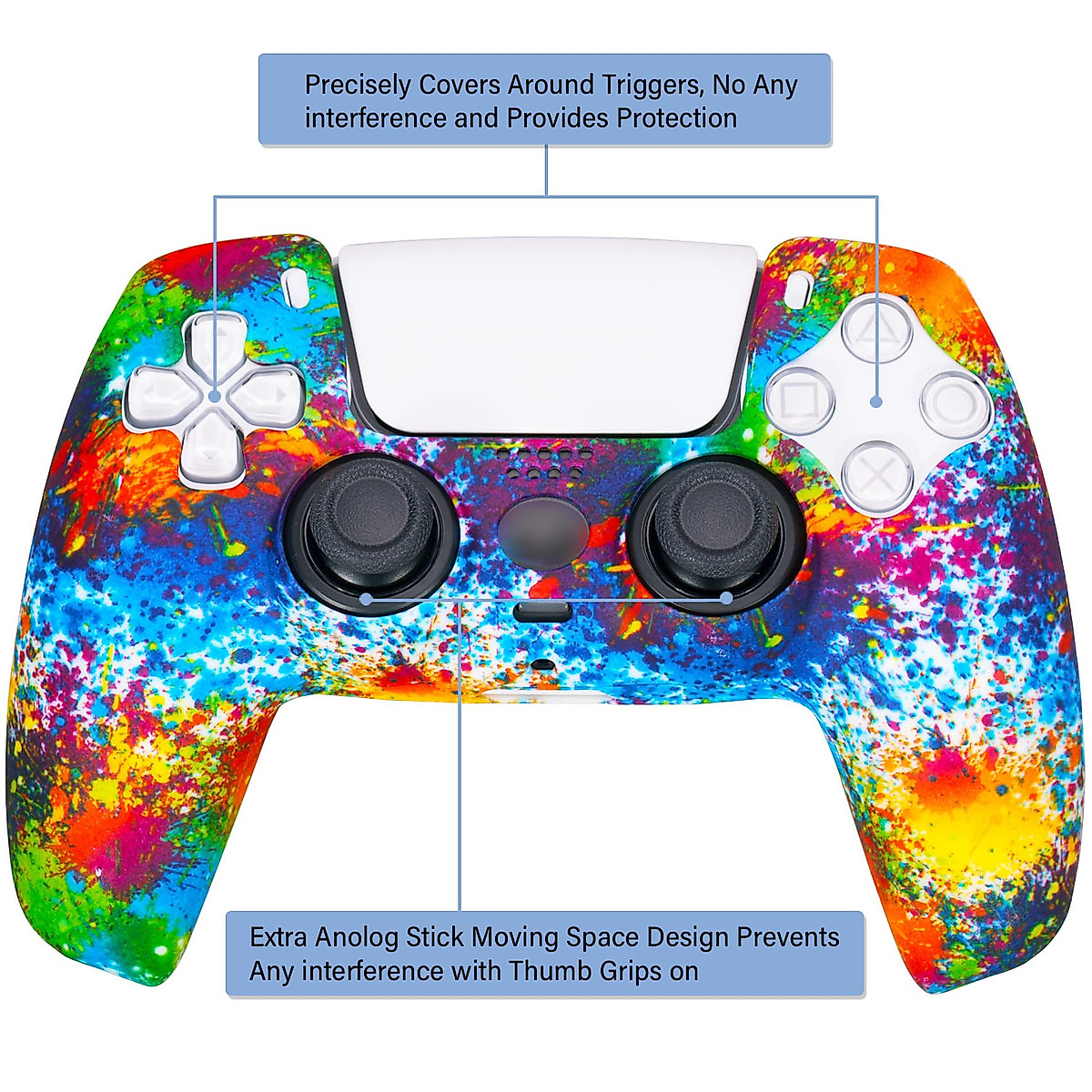 YoRHa Water Transfer Printing Silicone Thickened Cover Skin Case for PS5 Controller x 1(Spashing Paint) with Thumb Grips x 10