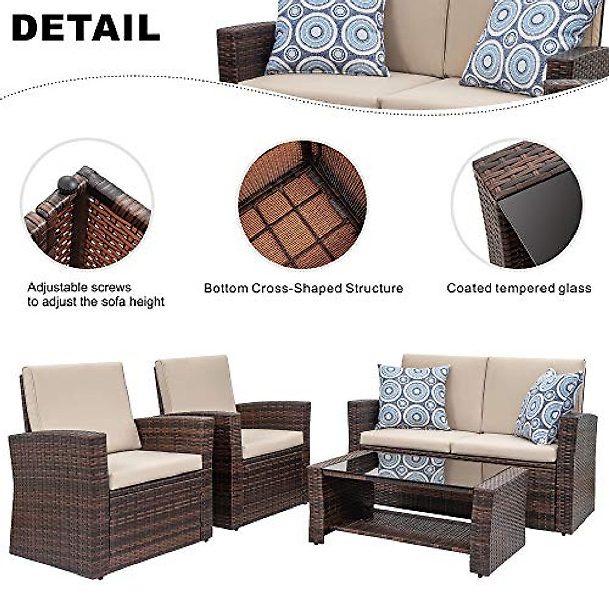 Walsunny Quality Outdoor Living,Outdoor Patio Furniture Sets,4 Piece Conversation Set Wicker Ratten Sectional Sofa with Seat Cushions (Brown)