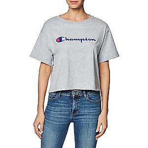Champion womens Cropped Tee, Script Logo T Shirt, Oxford Gray-550757, Medium US