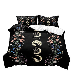 LUVIVIHOME 3PCS Black Cat Moon Phase Duvet Cover Queen Bedding Sets, Boho Aesthetic Celestial Witchy Mystic Gothic Moonlit Wildflower Floral Plant Botanical Black Comforter Quilt Cover, 2 Pillow Cases
