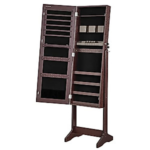 SONGMICS Jewelry Cabinet Armoire, Freestanding Lockable Storage Organizer Unit with 2 Plastic Cosmetic Storage, Full-Length Frameless Mirror, for Necklace Earring, Brown UJJC002K01