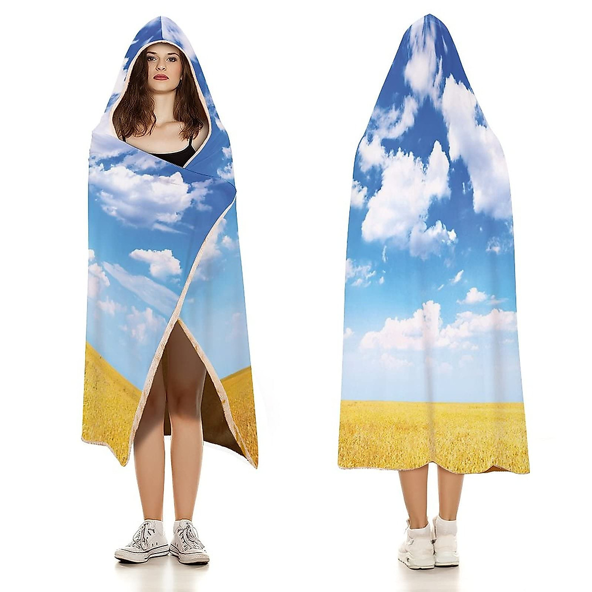Hooded Blanket Poncho, Yellow and Blue Women Men Hooded Blanket, Wheat Field Vibrant Summer Harvest Sunbeam, Soft Warm Cozy, 40 x 50inches, Studying Reading Snuggling Napping Office