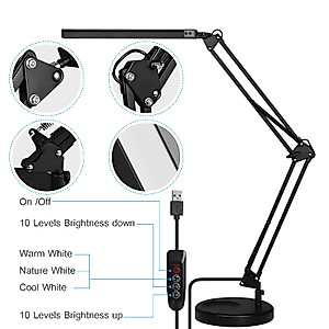 TROPICALTREE LED Desk Lamp with Clamp and Round Base,Eye Caring Table Lamp with Swing Arm,3 Color Modes 10 Brightness Levels,Memory Function, Desk Light for Home Office with USB Adapter Black-14W