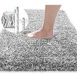 Yimobra Fluffy Plush Bath Rug, Super Shaggy Soft Comfortable Non Slip, Water Absorbent Microfiber Bath Mat, Dries Quickly, Machine Washable Thick Bathroom Floor Rugs for Shower, 32"x 20", Light Gray