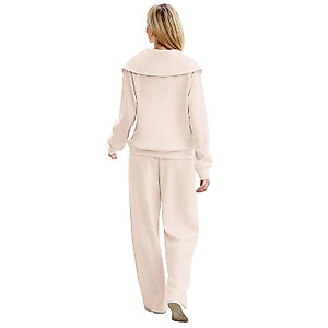XIEERDUO Lounge Set For Women 2024 Winter Zip Up Sweatshirt And Wide Leg Sweatpant Apricot M