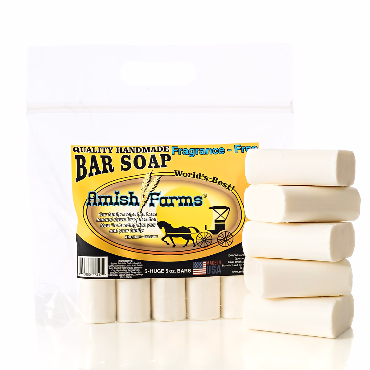 Amish Farms Fragrance-Free & Dye-Free Natural Bar Soap for Sensitive Skin (Huge 5 Bars) - Made in USA, Moisturizing Native Unscented Bar Soap (5-Pack)