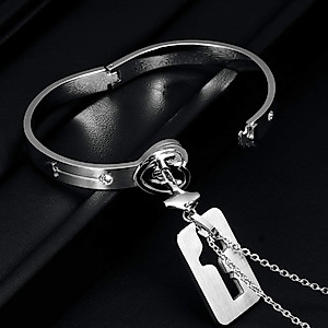 MYNENEY His Hers Love Heart Key Lock Bangle Bracelet Tag Pendat Necklace Set in a Gift Box (Silver 6.5In)