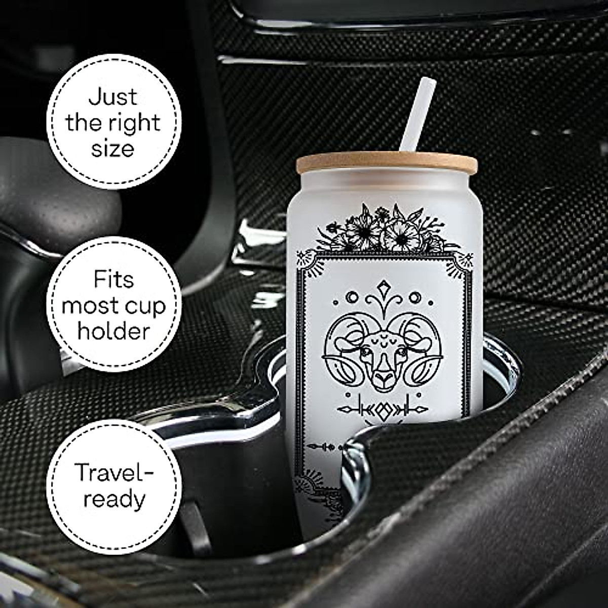 Hyturtle Personalized Glass Cup Aries Zodiac Sign Glass Cup With Bamboo Lid & Straw 12oz16oz Astrology Glass Cup Gift For Mothers Day Friend Mom Sister Coworker Female Women Her Wife Birthday Women