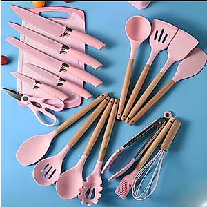 Cooking Utensils Set, 19-Piece Silicone Utensil and Knife Set with Block, Including 11 Silicone Utensils, 5 Stainless Steel Knives, Scissors, Kitchen Utensils Block and Cutting Board by ITZZO-Pink