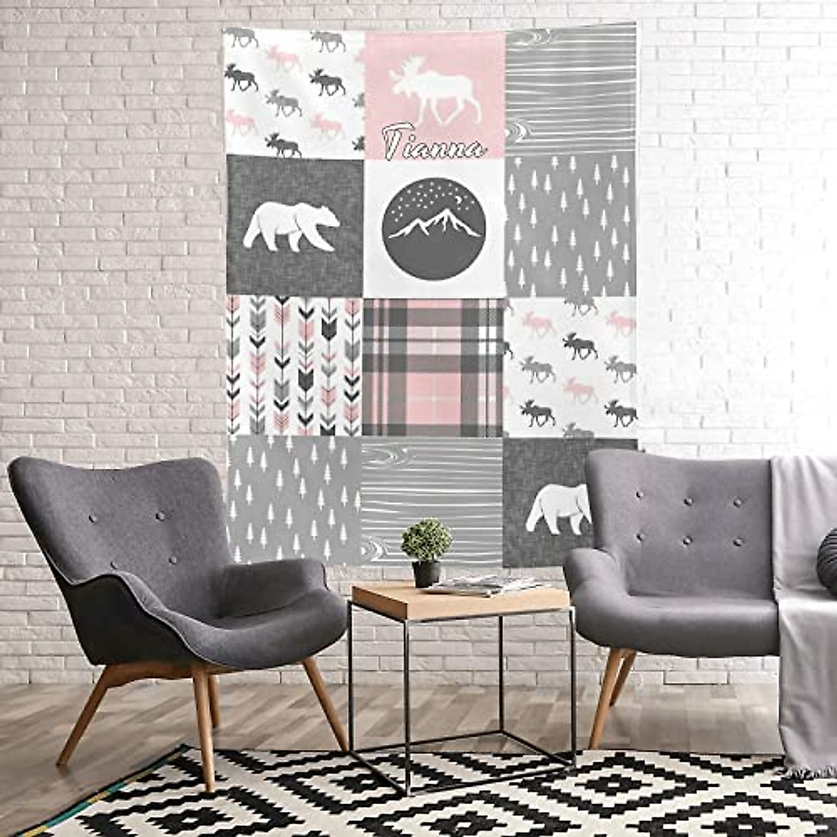 Personalized Patchwork Woodland Bear Reindeer Blanket with Name Text Custom Super Soft Fleece Throw Blankets for Couch Sofa Bed 50 X 60 inches