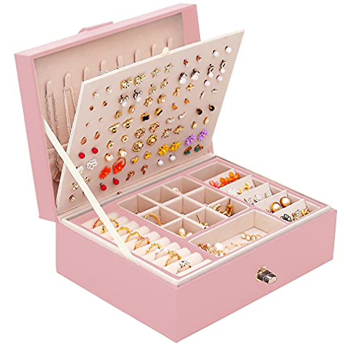 QBestry Stud Earring Organizer for Girls Stud Box for Earrings Necklace Jewelry Organizer Studs,Girls Earring Box for Womens, Holder Rings Organizer Jewelry Earring Storage Box,Pink