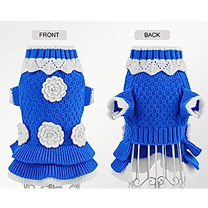 Joytale Small Dog Sweater Turtleneck Dress, Soft Warm Winter Pet Cable Knitwear Clothes with Cute Flower, Girl Boy Dog Pullover Knitted Sweaters for Cats Puppies Extra Small Dogs, Blue