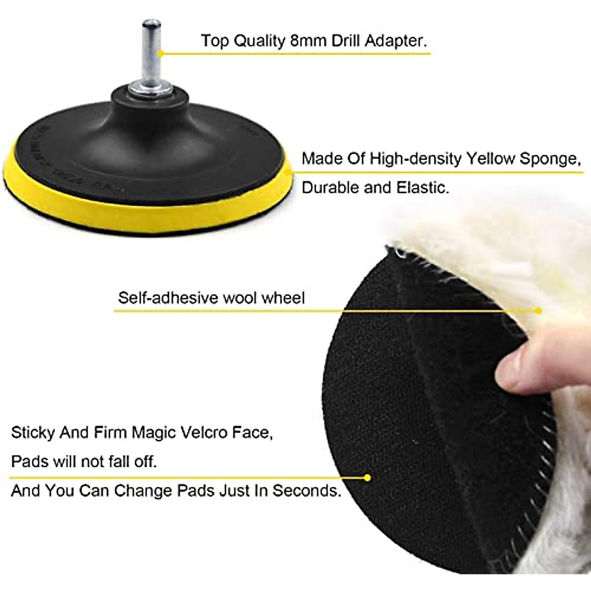5 Inch Buffing Wool Pads 8PCS Kits, Felt Polishing Pad Buffing Wheel for Drill Woolen Wax Pad and Hook & Loop Backing Plate with 8mm M14 Drill Adapter for Car & Boat Polishing, Waxing, Sealing, Glaze
