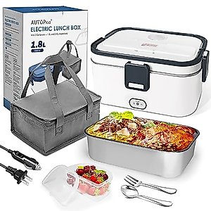 AUTOPkio Electric Lunch Box 1.8L, 12V 24V 110V Heated Lunchbox Food Warmer for Car Home Truck Driver Work, Removable Stainless Steel Container, Fork & Spoon (Grey)