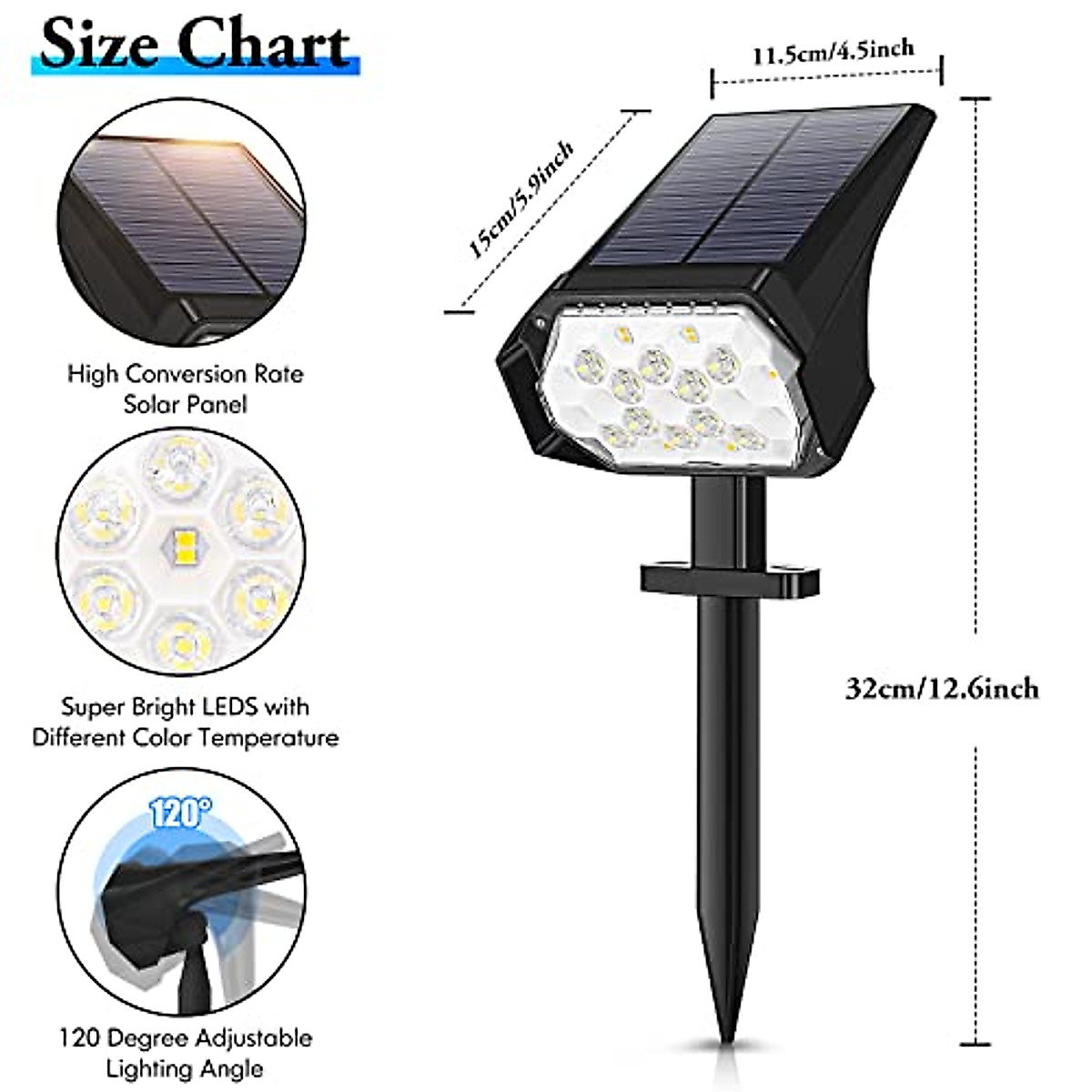 Solar Light Outdoor - Solar Powered Spot Light with 32 LEDs, 3 Modes Solar Landscape Light, Warm/Cold White 2-in-1 IP67 Waterproof Pathway Lights, Auto ON/OFF Wall Light for Garden Yard Driveway
