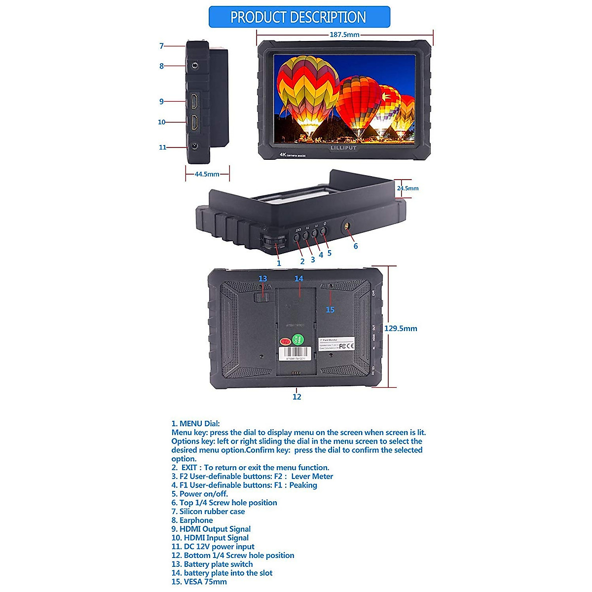 Lilliput A7S 7" 4K Director Monitor Black