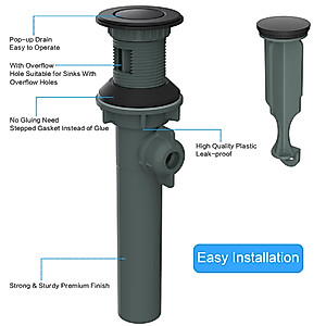 Bathroom Sink Drain with Overflow, Push and Seal Pop Up Drain Stopper Lift Rod, 2 Pack Bathroom Lavatory Vanity Vessel Drain Compatible with Moen, American Standard, Universal Drain Hole, Matte Black