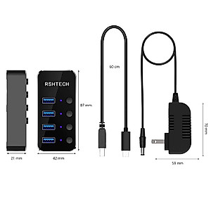 Powered USB hub RSHTECH 4 Port USB C to USB 3.0 Port Hub Expander Aluminum Portable USB 3.0 hub Splitter with 5V AC Adapter and Individual On/Off Switches (RSH-516-C)