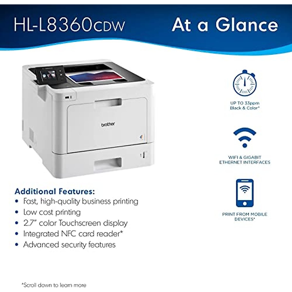 Brother HL-L8360CDW Business Color Laser Printer, 33ppm, Ethernet, Duplex Printing, 2.7” Color Touch LCD, Auto 2-Sided Printing, NFC Connectivity, Durlyfish