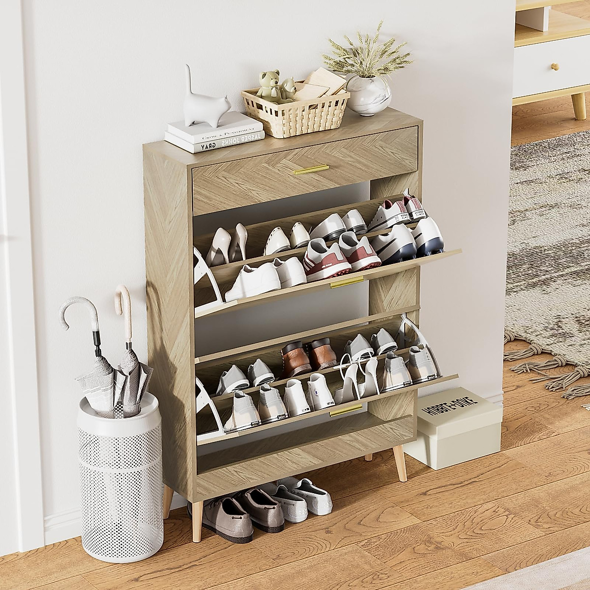 Anmytek Shoe Storage Cabinet with 2 Flip Drawers & 1 Drawer, Natural Oak Slim Shoe Cabinet with Wooden Legs, Freestanding Hidden Narrow Shoes Organizer Cabinet for Entryway, Hallway