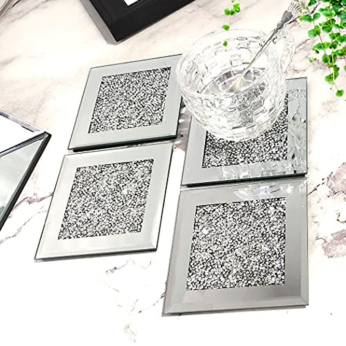 GIMORRTO Glass Mirrored Coaster 4 PC, Crushed Diamond Square Cup Mat 4" Decor on Tabletop for Bar Tools Dining Table