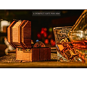 New Pirate Themed Gold Whiskey Coin and Cube Set, Stainless Steel Whiskey Chilling Stones | 4pc Set with Wooden Chest | Whiskey Gift for Men, Dad, Husband, Boyfriend