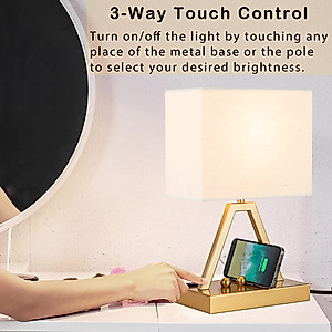 Briever USB Touch Control Table Lamp, 3-Way Dimmable Desk Lamp with USB C & USB A and AC Outlet, Bedside Lamp with Phone Stand and Fabric Shade for Bedroom, Living Room,Bulb Included, Gold