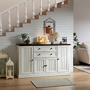 IFGET Farmhouse 58" Buffet Cabinet with Storage, 34" Tall Coffee Bar Cabinet w/2 Large Drawers & 4 Grooved Barn Doors, Wood Rustic Sideboard Buffet Cabinet for Dinning Room, Kitchen, Living Room,White