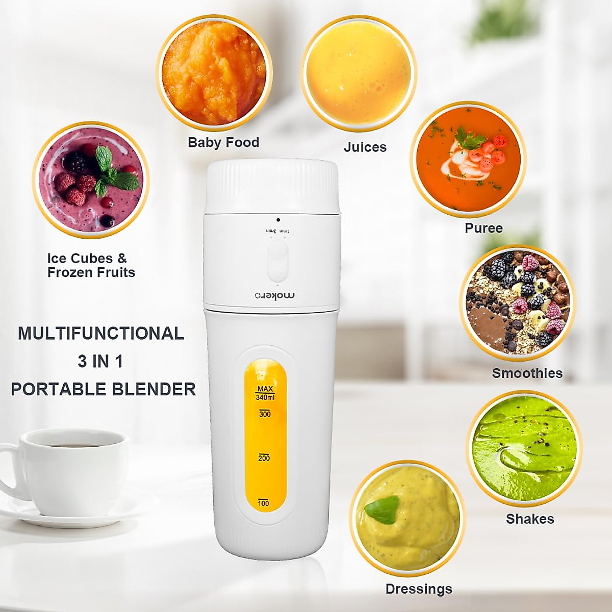 NDMUS 3 in 1 Portable Blender 12oz Juicer Machine with USB Type-C Rechargeable Multifunctional Juice Cup for Shakes and Smoothies, White, 90x170x230mm (MN550A)