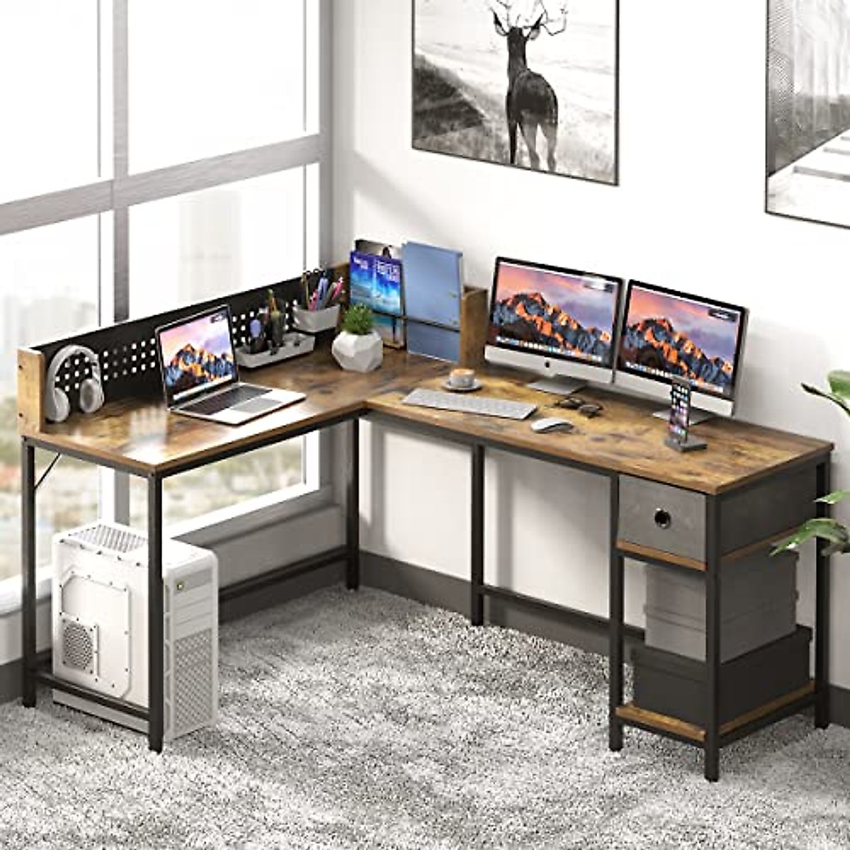 NSdirect Computer Desk,55" Home Office Desk with Bookshelf Industrial Study Writing Table with Space Saving Design Modern Simple Style Laptop Table (Rustic Brown)