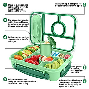 Demiue Lunch Box Kids,Bento Box Adult Lunch Box, Bento Lunch Containers for Adults/Kids/Toddler,5 Compartments with Sauce Vontainers,Microwave & Dishwasher & Freezer Safe,BPA Free(Green)