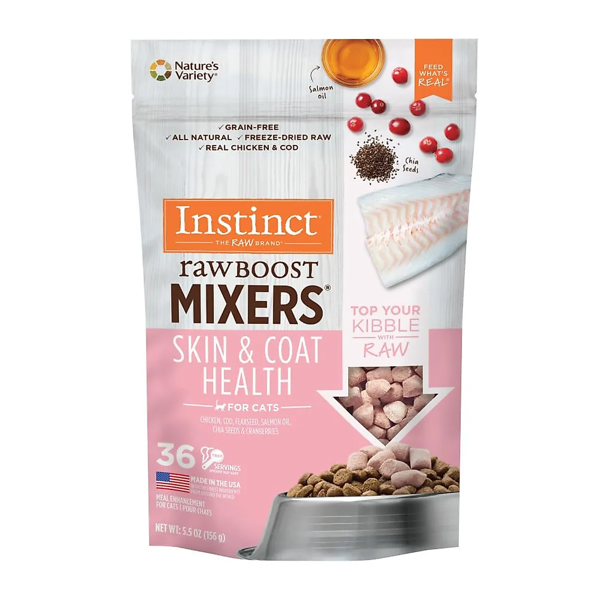 Instinct Raw Boost Mixers, Freeze Dried Cat Food Toppers with Functional Ingredients, Grain Free, Real Chicken - Skin & Coat Health, 5.5 oz Bag