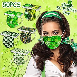 Hozxclle 50pcs St. Patrick's Day Disposable Face_Masks for Adult, Four Leaf Clover Print 3-Ply Safety Fabric with Elastic Earloops, Green, 50 Count (Pack of 1)