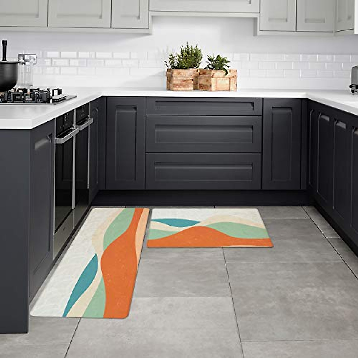 2 Pieces Kitchen Rugs Set Mid Century Modern Boho Orange Geometric Area Rug,Absorbent Bath Mats Soft Doormat Anti Fatigue Floor Mat Minimalist Retro Abstract Art,Non-Slip Cushion Standing Mats