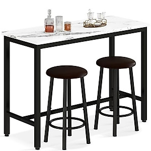 Lamerge 47.2" Bar Table Set of 2,Faux Marble Table Top,PU Leather Stools,3 Piece Pub Height Table Set,Dining Table Set,for Kitchen,Living Room,Nook,Bar,White&Brown