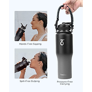 Trebo Water Bottle 32oz with Paracord Handle,Food-grade Double Wall Vacuum Stainless Steel Insulated Tumbler Flask with Straw Spout Lids,Leakproof Keep Cold & Hot,Fit in Any Car Cup Holder,Dark Gray