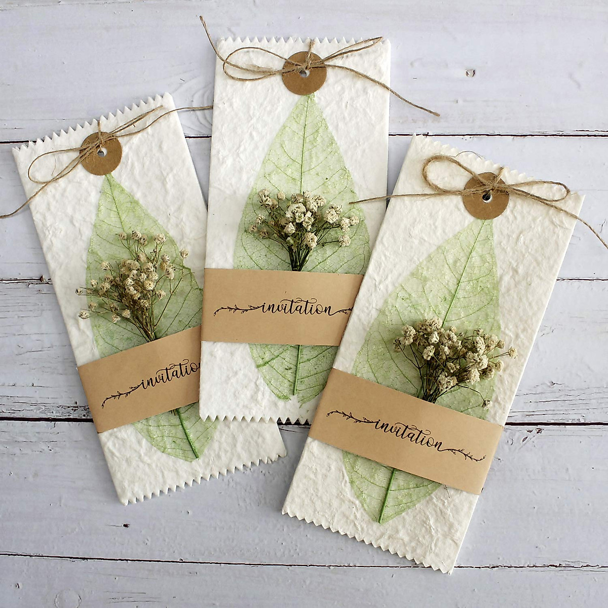 Picky Bride 25Pcs Handmade Real Dry Flower Vintage Wedding Invitations with Real Leaf Vein, Unique Wedding Gifts Rustic Invite Cards for Your Stylish Wedding Theme 10 x 20cm