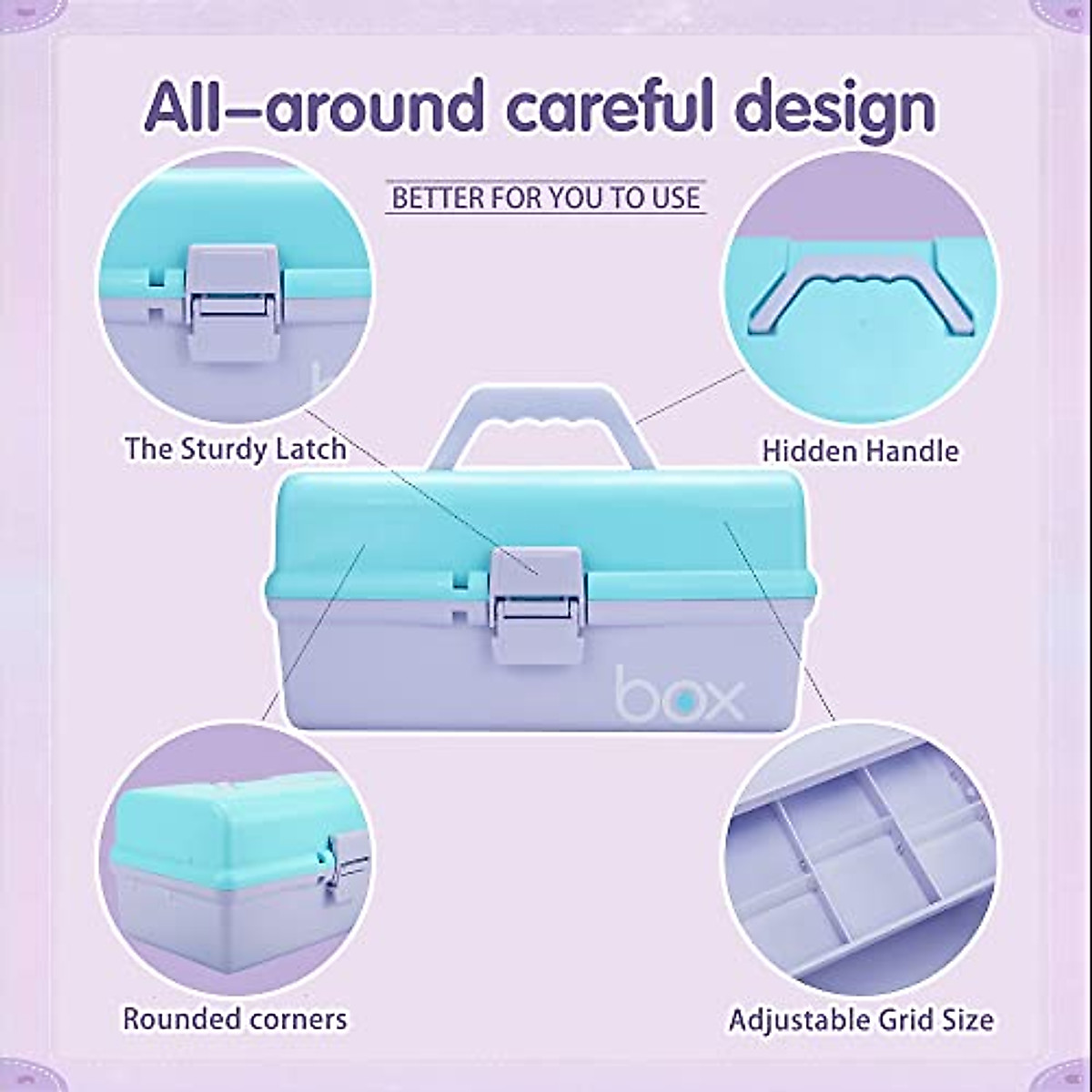 TERGOO 12in Three-Layer Multipurpose Storage Box Organizer Folding Tool Box/Art & Crafts Case/Sewing Supplies Organizer/Medicine Box/Family First Aid Box with 2 Trays (Purple Blue)