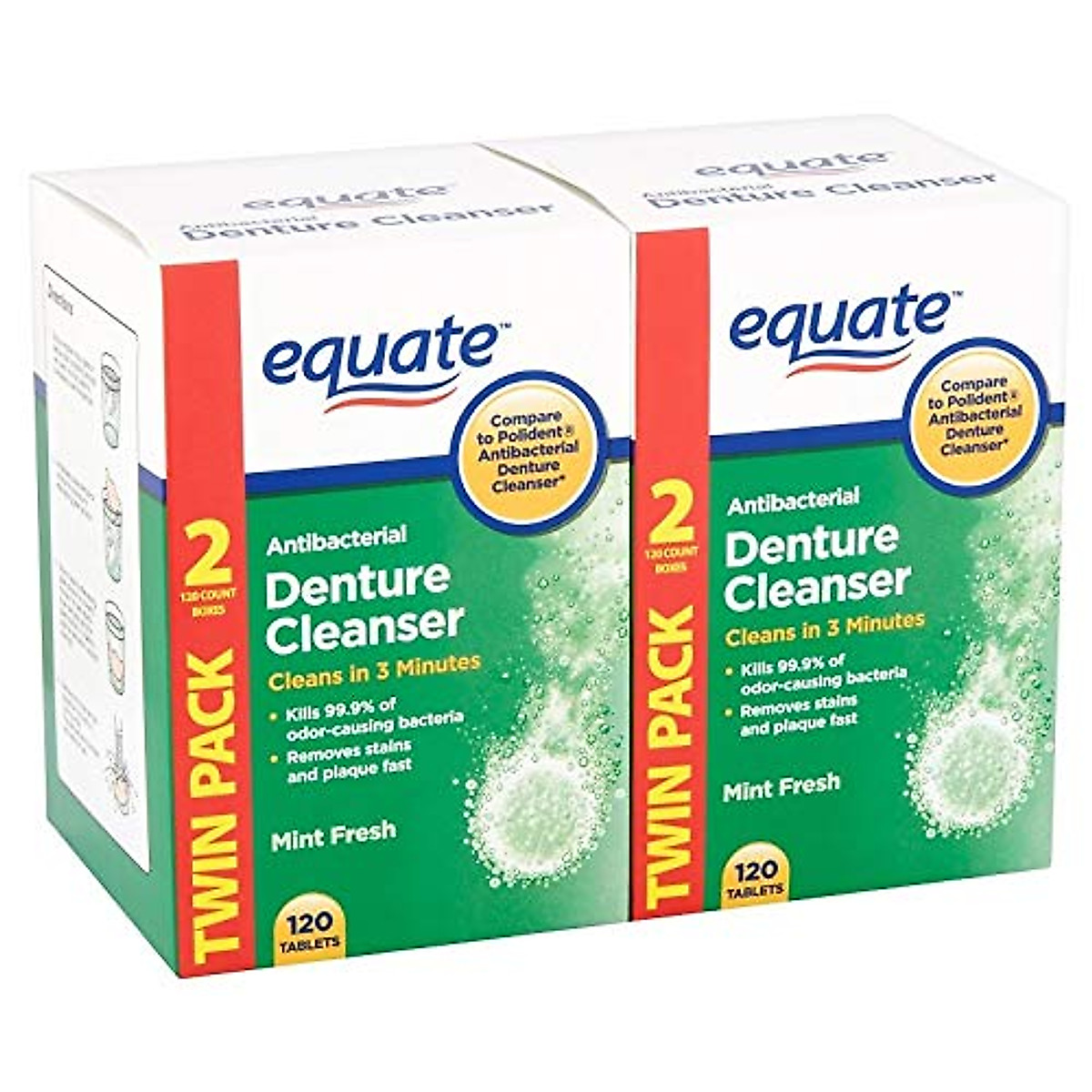 Denture Cleaner Tablets Equate Fresh Mint 240 Count Bundle with Dentu-Care Denture Brush for Maintaining Good Oral Care for Full/Partial Dentures