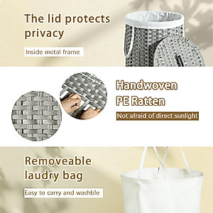 KUREEISE Laundry Basket with Lid, Handwoven Rattan Laundry Hamper, No Install Needed, 26.5 Gal (100L) Round Clothes Hamper with Removable Bag & Handles, Foldable Storage Basket