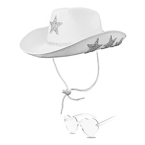 YBHOMINE White Cowgirl Hat with Heart Sunglasses - Cowboy Hat with Glitter Star Fits Women for Bachelorette Themed Party(Glitter Star)