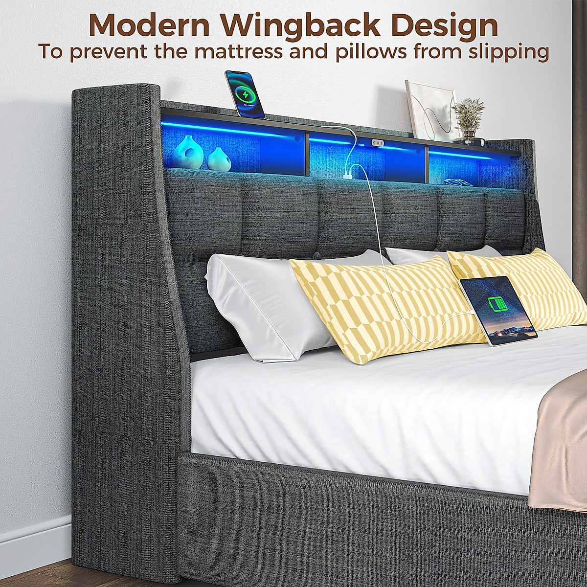 Rolanstar Queen Size Bed Frame with LED Lights and Charging Station, Upholstered Bed Storage Headboard & Drawers, Heavy Duty Wood Slats, Easy Assembly