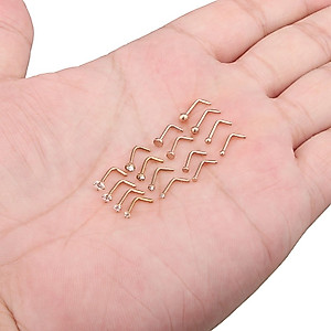 Ruifan 16PCS 18G Surgical Steel 1.5mm 2mm 2.5mm 3mm Top Flat & Ball & Clear Round & Jeweled Clear CZ Curved Nose Stud Ring L Shaped Piercing Jewelry - Rose Gold