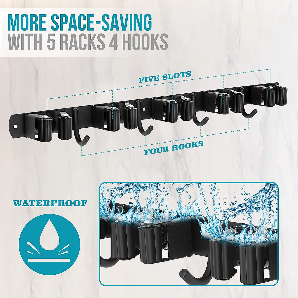 COOKCUTE Broom Holder Wall Mount, 5 Slots 4 Hooks Black Stainless Steel Broom Organizer Wall Mount Mop and Broom Holder Wall Mounted Heavy Duty, Broom Hanger Self Adhesive, Mop Holder Garage Shelving