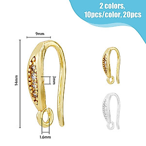 HOBBIESAY 20Pcs 2 Colors Brass Micro Pave Clear Cubic Zirconia Earring Hooks with Horizontal Loops Golden/Silver Earrings Round Lever Ornaments for Jewelry Making DIY Bracelet Necklace