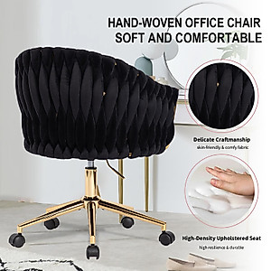 linting Velvet Accent Chair Home Office Desk Chairs with Wheels Modern Mid Back Swivel Vanity Chair Armchair, Adjustable Makeup Chair (Black)