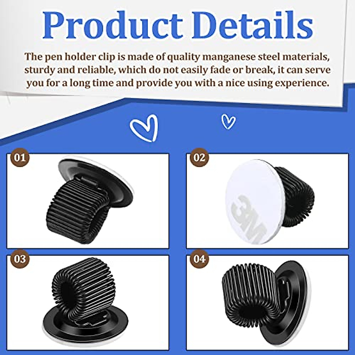 100 Pcs Metal Pen Holder Clips Self Adhesive Pen Pencil Organizer with Adjustable Spring Loop Manganese Steel Pen Clip Fit any Pens, Whiteboard Refrigerator Erase Board Bulletin Board Map (Black)