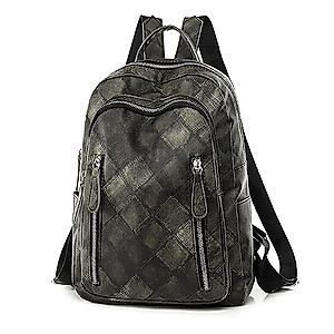 Backpack For Men Women Ladies Fashion Colorful Diamond Panel Soft Leather Zipper Retro Casual Backpack (Black, One Size)