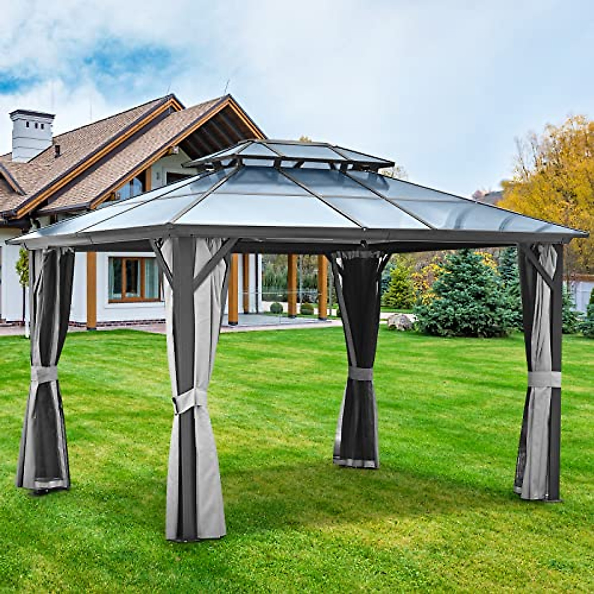 OUTMOTD 10x12 ft Polycarbonate Double Roof Gazebo with Netting and Shaded Curtains, Outdoor Gazebo 2-Tier Hardtop Galvanized Iron Aluminum Frame for Patio, Backyard, Deck and Lawns, Parties